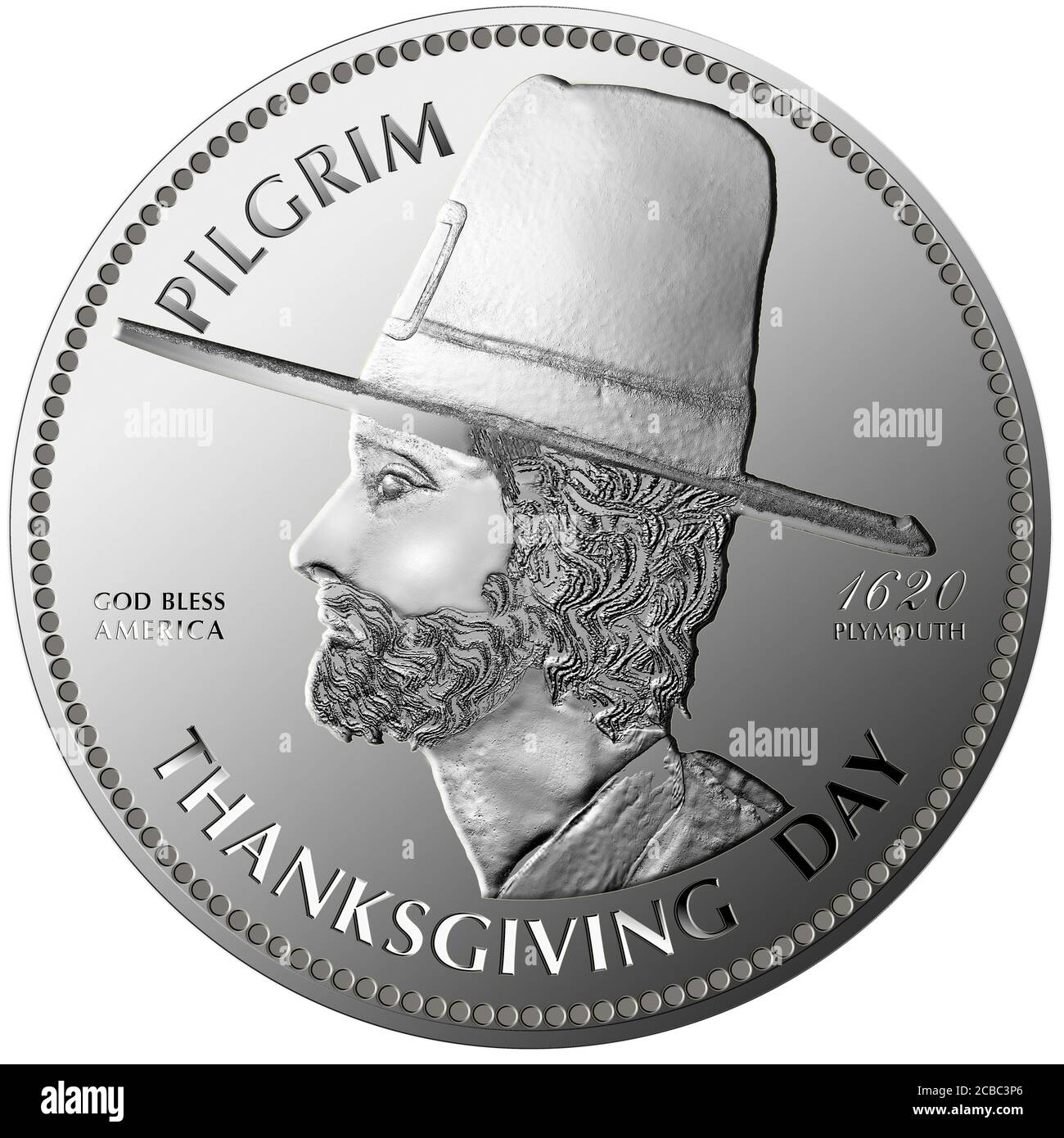 Illustration of a silver coin with a pilgrim's face isolated on the ...
