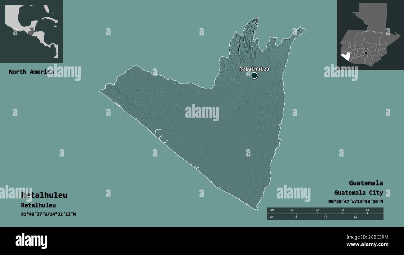 Shape of Retalhuleu, department of Guatemala, and its capital. Distance ...