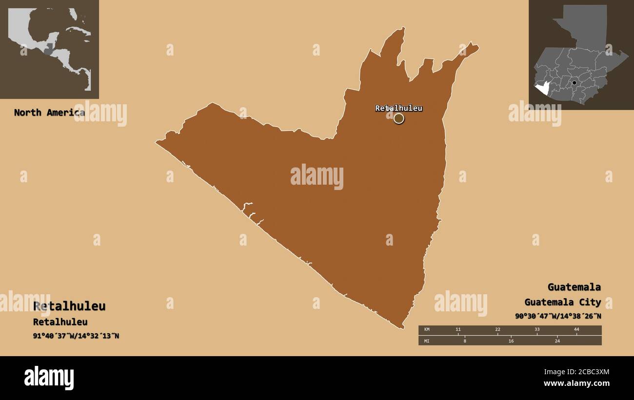 Shape of Retalhuleu, department of Guatemala, and its capital. Distance ...