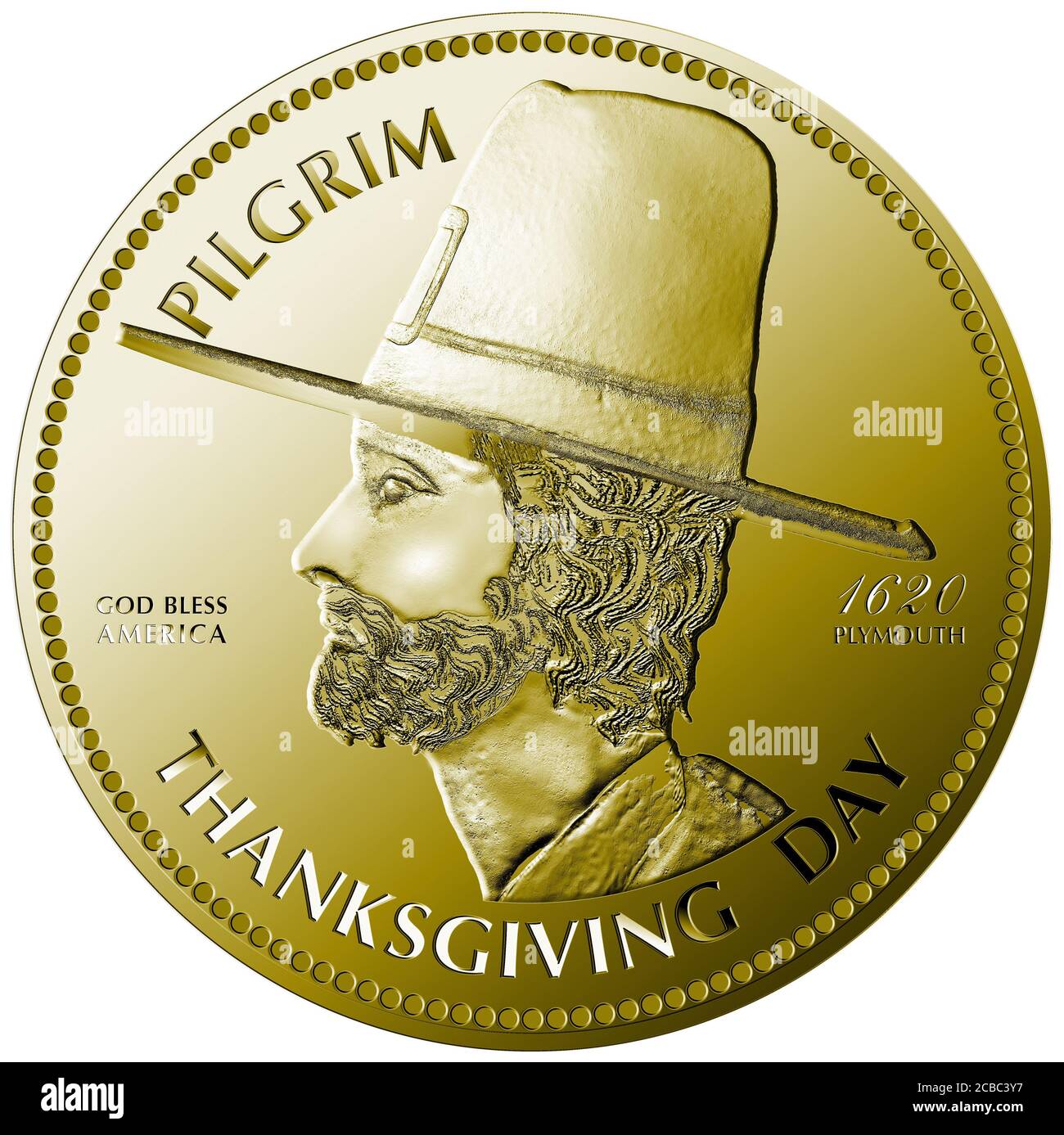 Illustration of a gold coin with a pilgrim's face isolated on the white ...