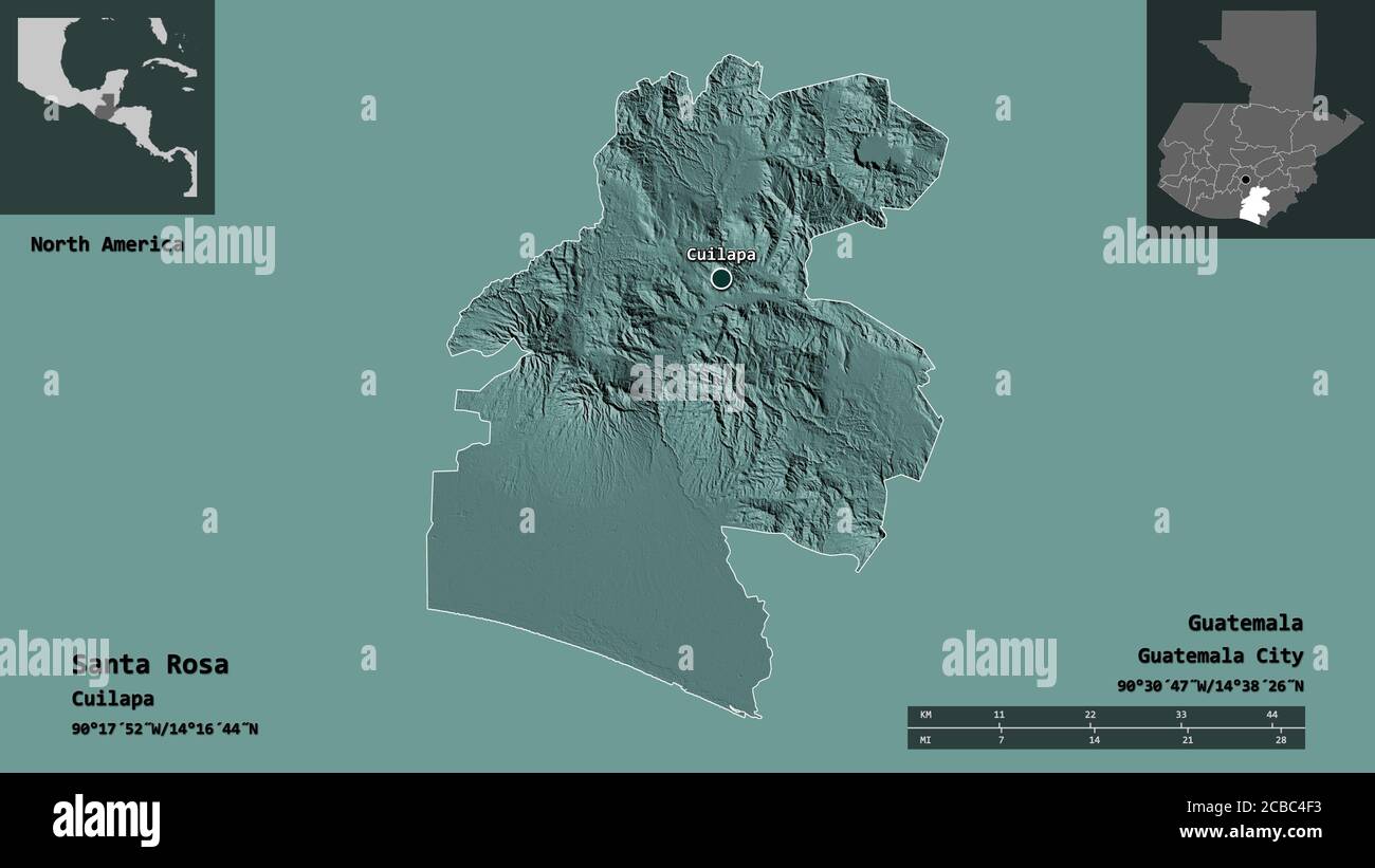 Shape of Santa Rosa, department of Guatemala, and its capital. Distance ...