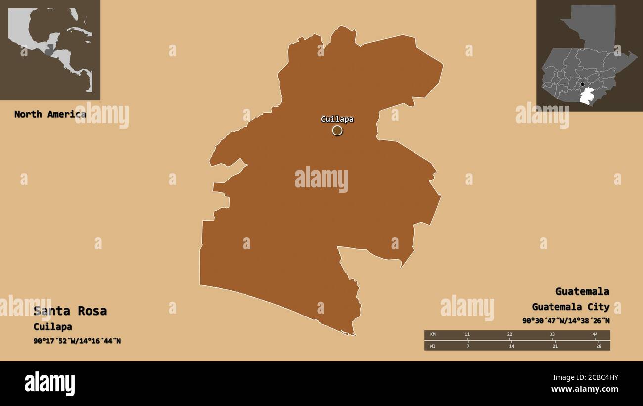 Shape of Santa Rosa, department of Guatemala, and its capital. Distance ...