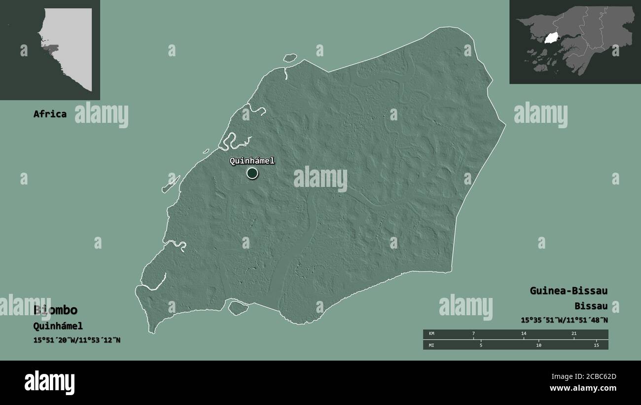 Shape of Biombo, region of Guinea-Bissau, and its capital. Distance ...