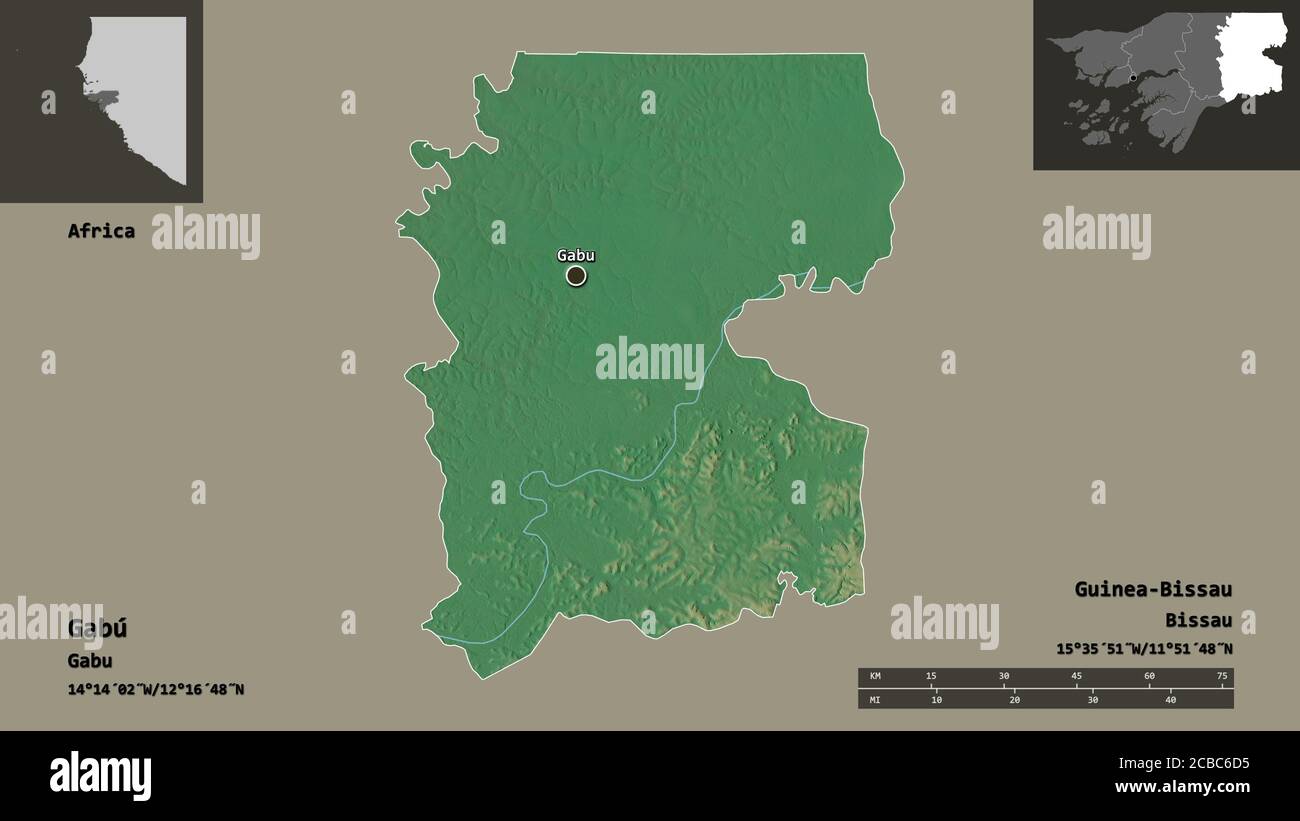 Shape of Gabú, region of Guinea-Bissau, and its capital. Distance scale ...