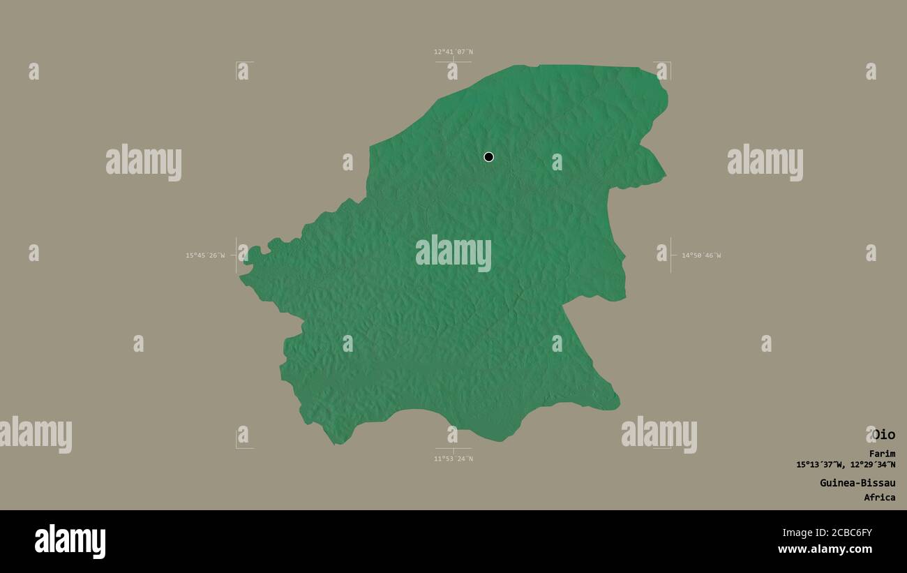 Area of Oio, region of Guinea-Bissau, isolated on a solid background in ...