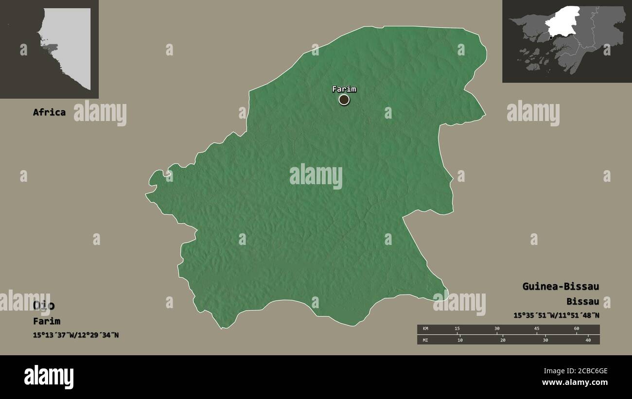 Shape of Oio, region of Guinea-Bissau, and its capital. Distance scale ...