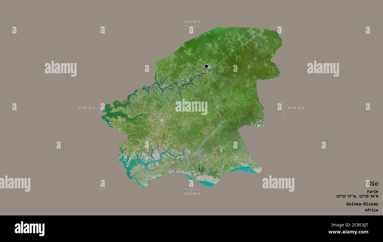 Area of Oio, region of Guinea-Bissau, isolated on a solid background in ...