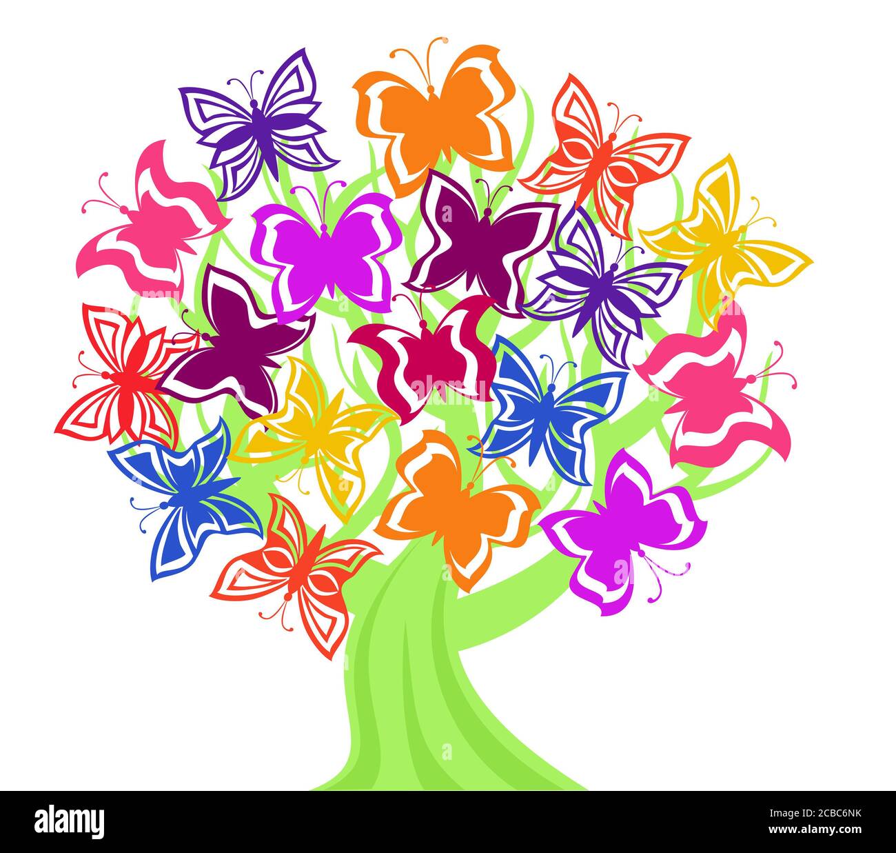 Vector illustration of a tree with butterflies Stock Photo - Alamy