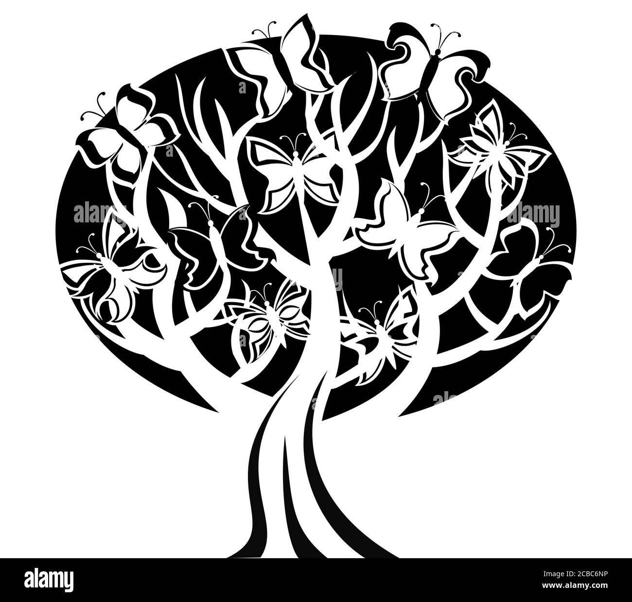 Vector illustration of a tree with butterflies Stock Photo - Alamy