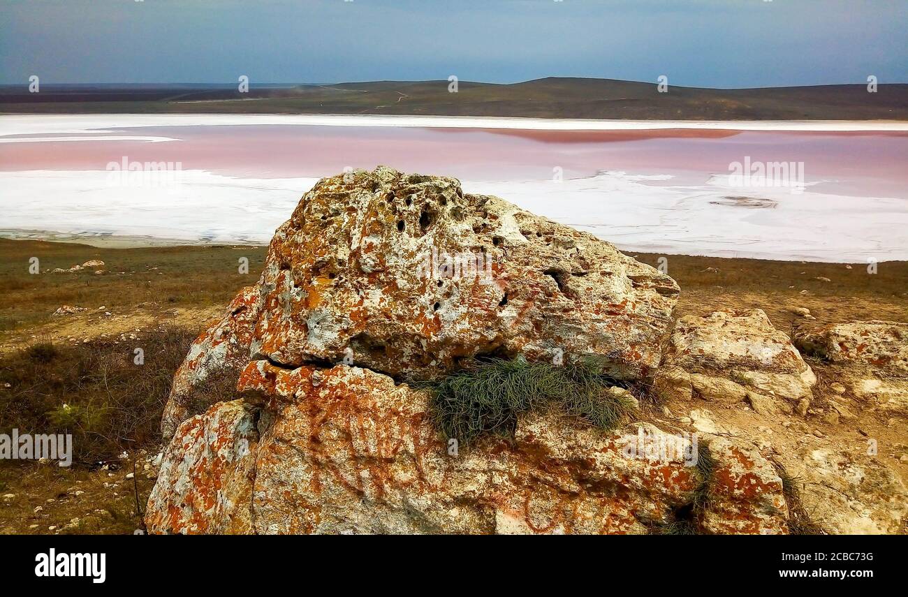 Pink salt lake. Salt industry - extraction of pink salt. Wonder of ...