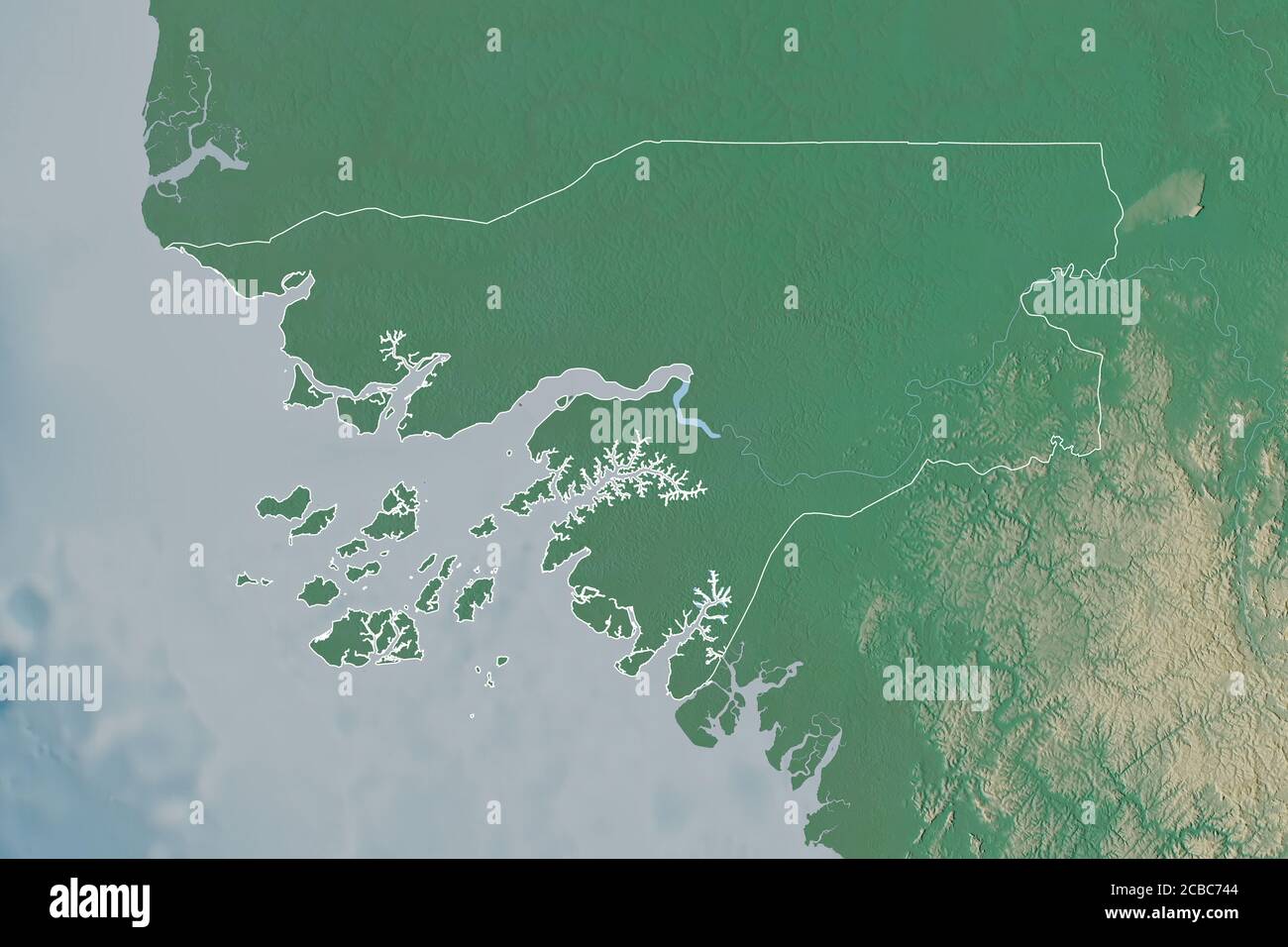 Extended area of outlined Guinea-Bissau. Topographic relief map. 3D ...