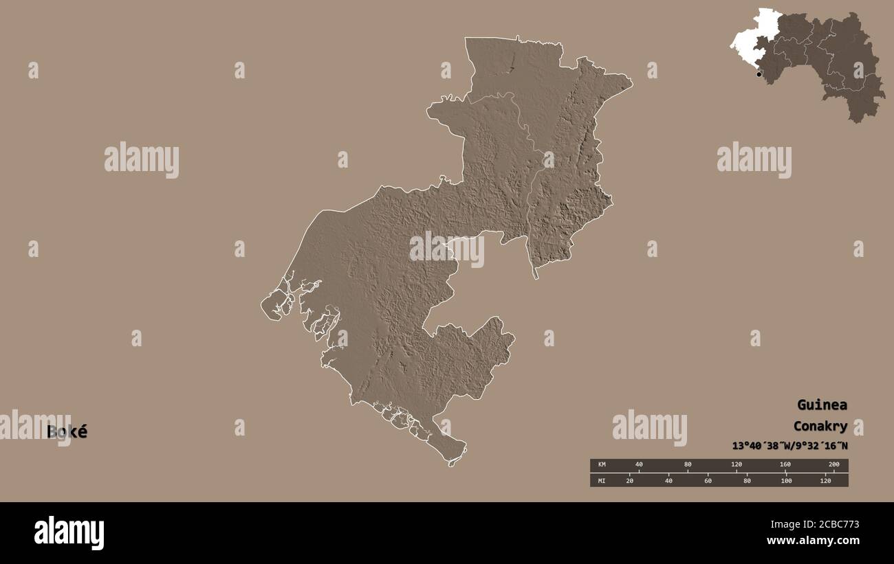 Shape of Boké, region of Guinea, with its capital isolated on solid ...