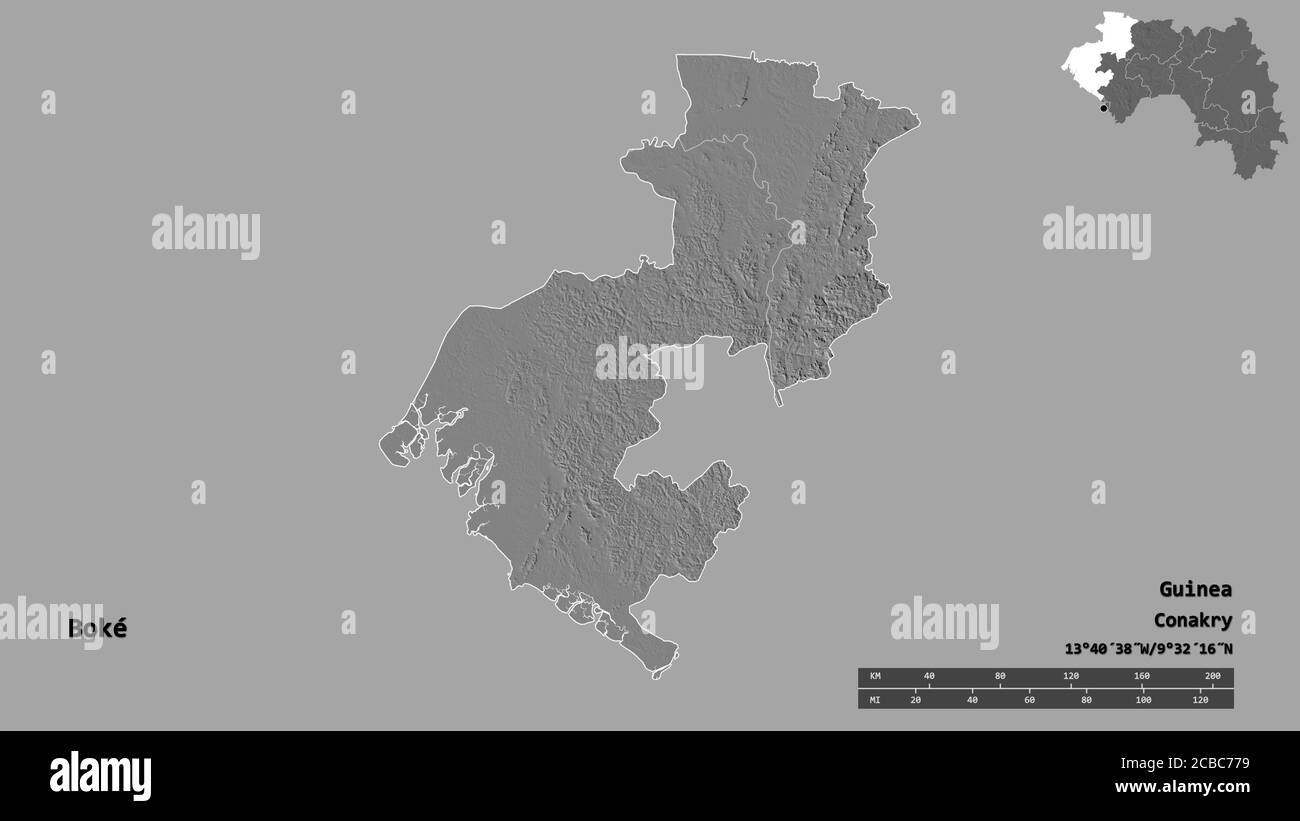 Shape of Boké, region of Guinea, with its capital isolated on solid ...