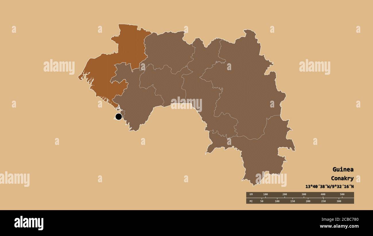 Desaturated shape of Guinea with its capital, main regional division ...