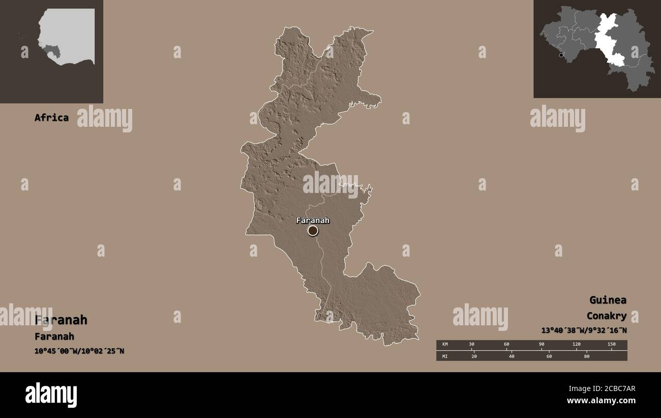 Shape of Faranah, region of Guinea, and its capital. Distance scale ...