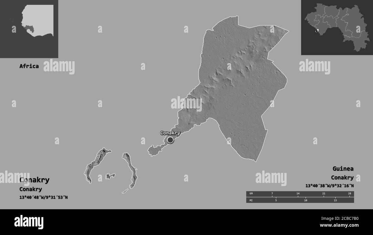Shape of Conakry, region of Guinea, and its capital. Distance scale ...