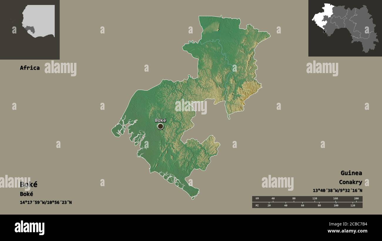 Shape of Boké, region of Guinea, and its capital. Distance scale ...