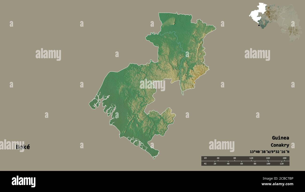 Shape of Boké, region of Guinea, with its capital isolated on solid ...