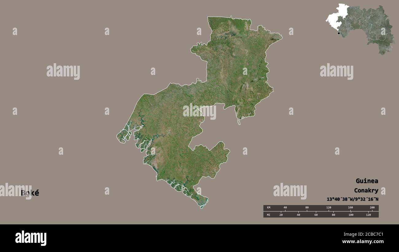 Shape of Boké, region of Guinea, with its capital isolated on solid ...