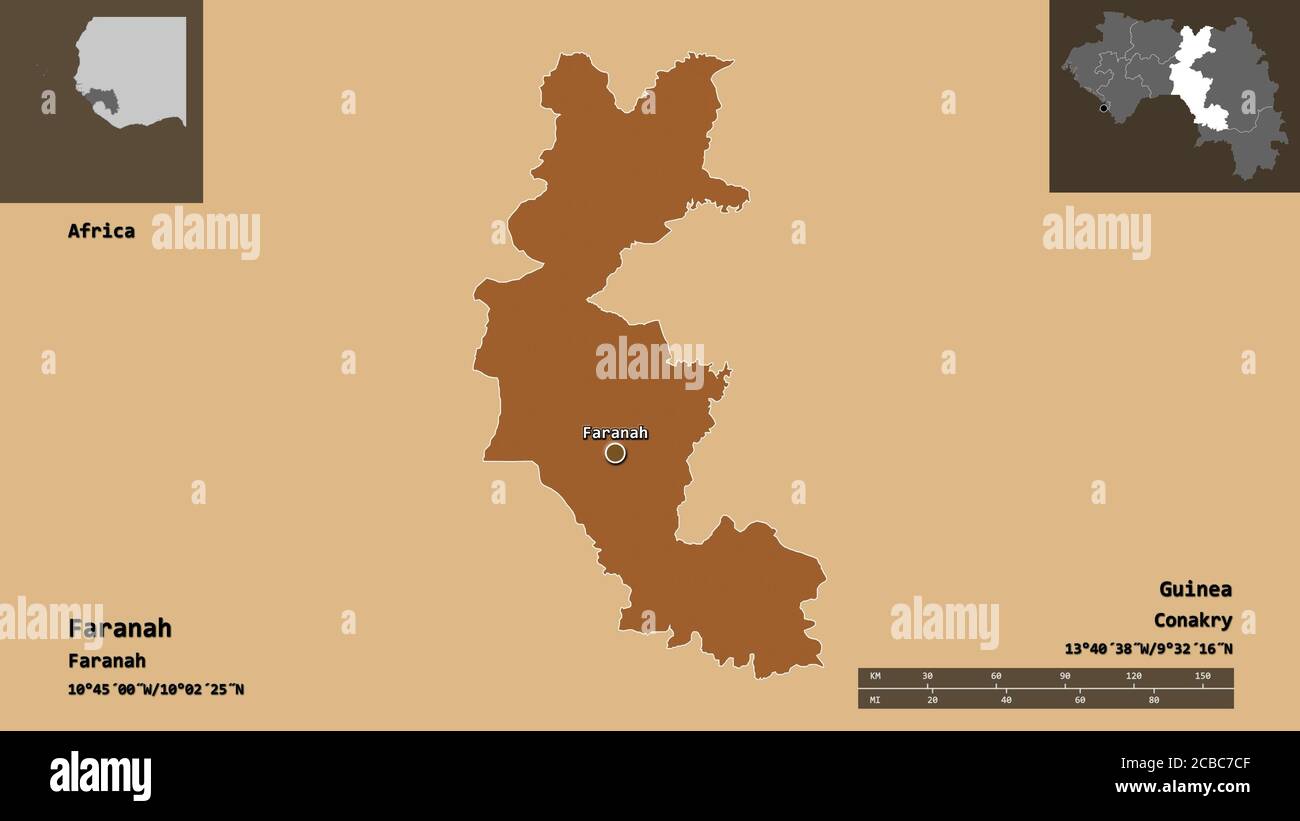 Shape of Faranah, region of Guinea, and its capital. Distance scale ...