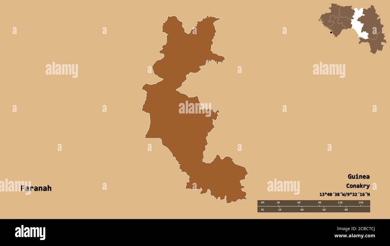 Shape of Faranah, region of Guinea, with its capital isolated on solid ...
