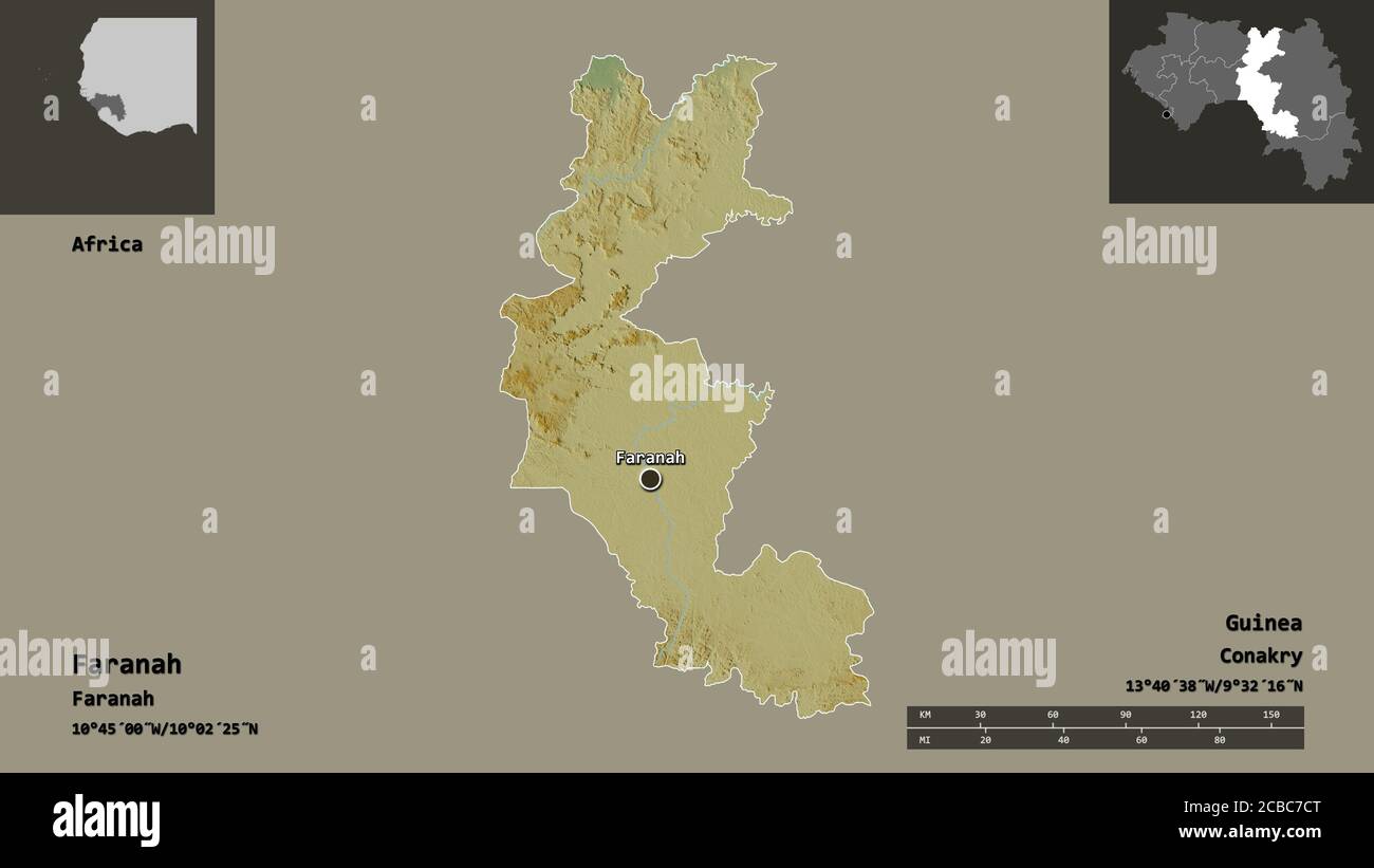 Shape of Faranah, region of Guinea, and its capital. Distance scale ...