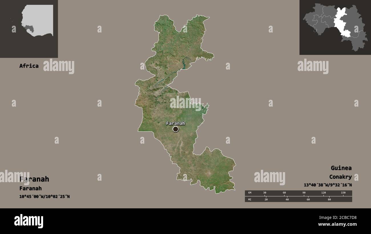 Shape of Faranah, region of Guinea, and its capital. Distance scale ...