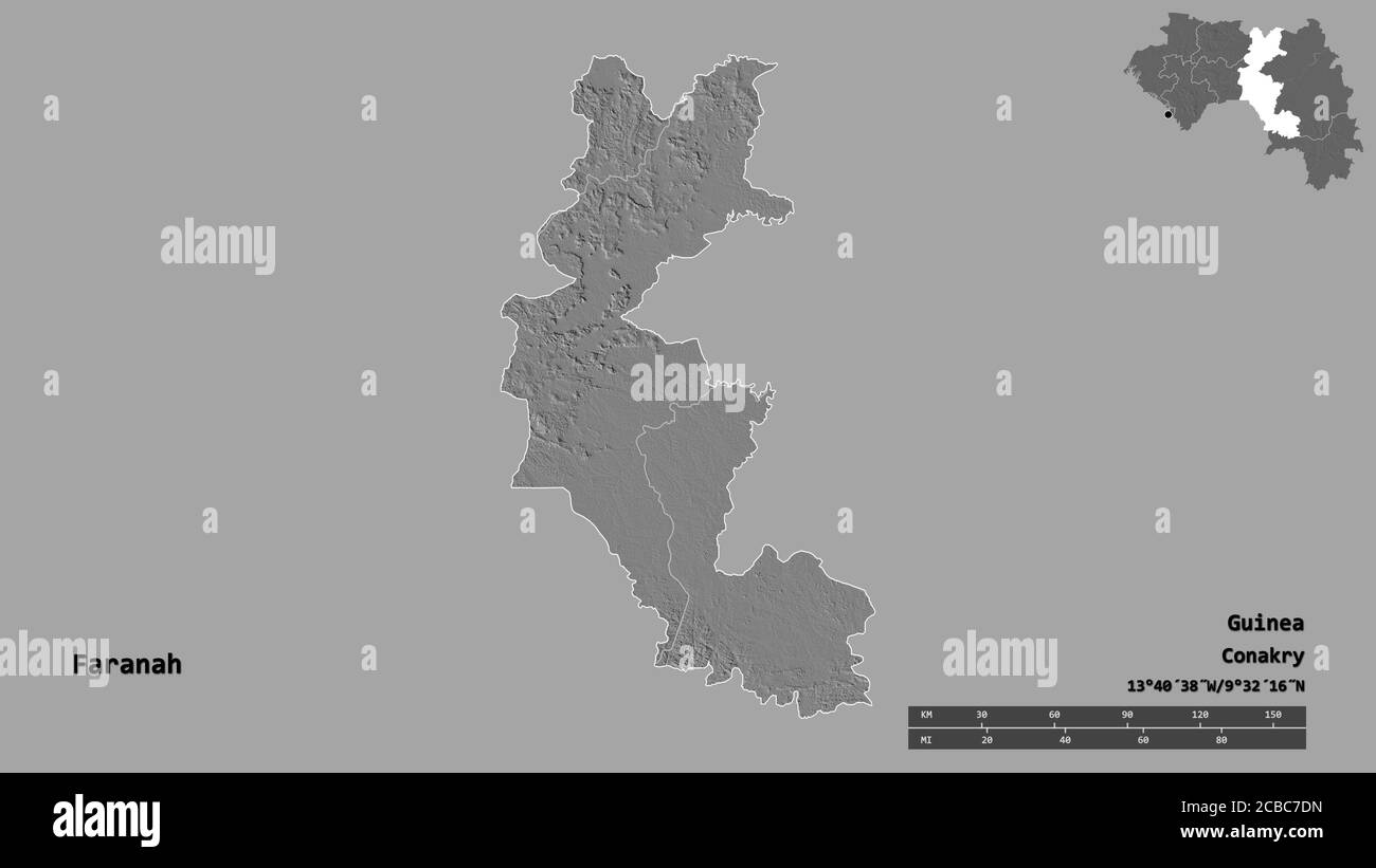 Shape of Faranah, region of Guinea, with its capital isolated on solid ...