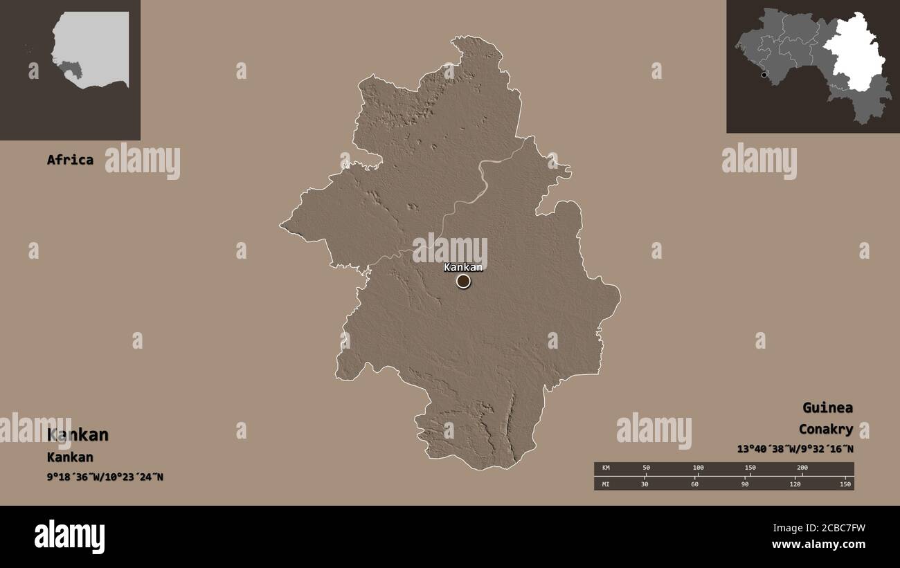 Shape of Kankan, region of Guinea, and its capital. Distance scale ...