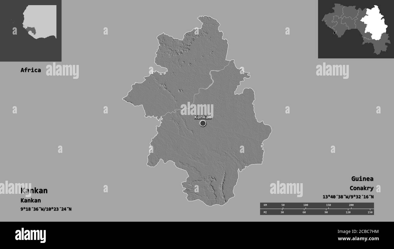 Shape of Kankan, region of Guinea, and its capital. Distance scale ...