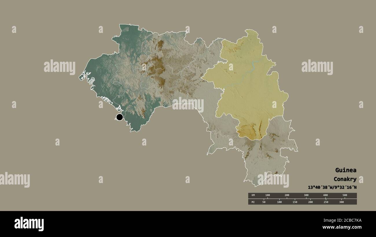 Desaturated shape of Guinea with its capital, main regional division ...