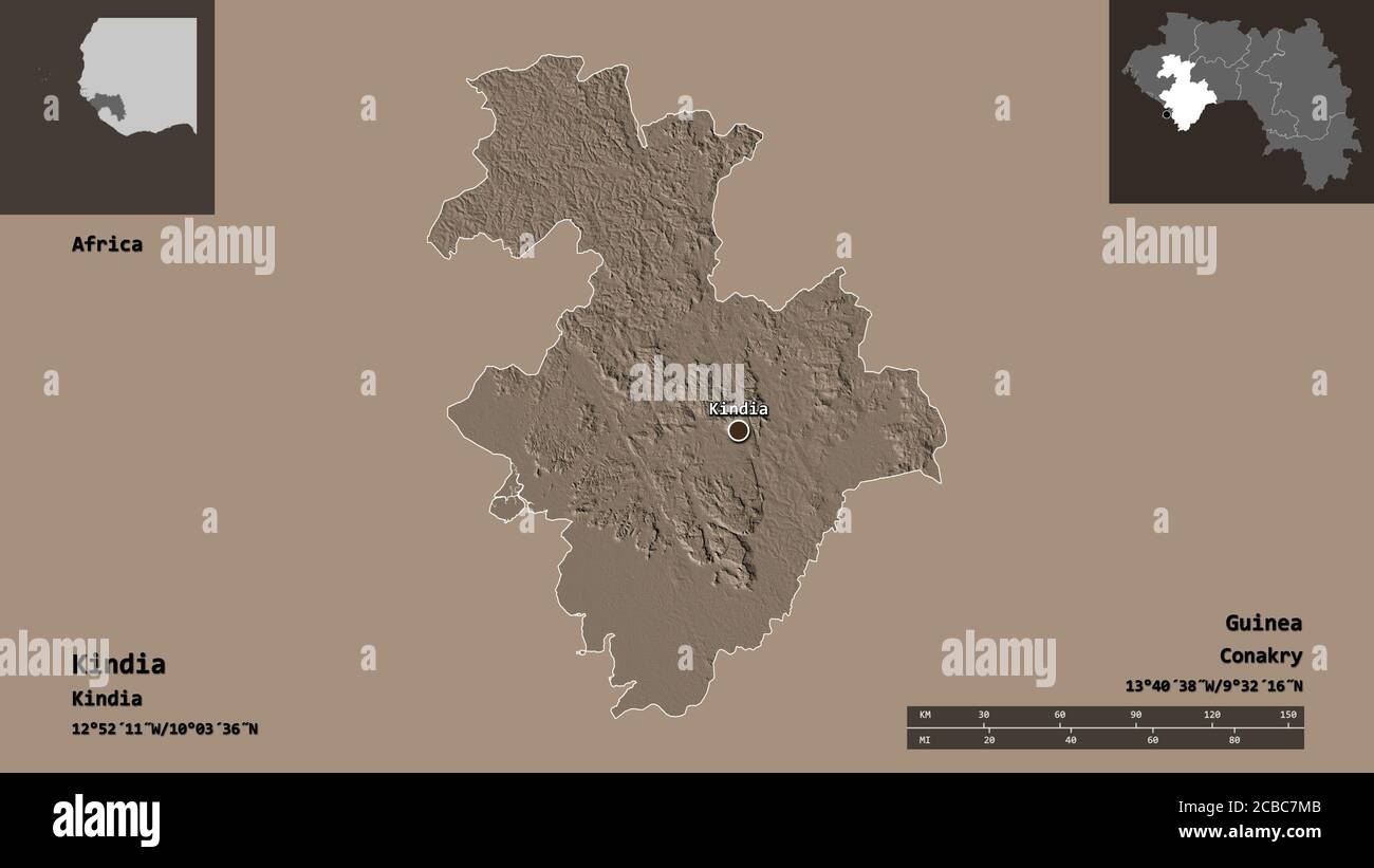 Shape of Kindia, region of Guinea, and its capital. Distance scale ...