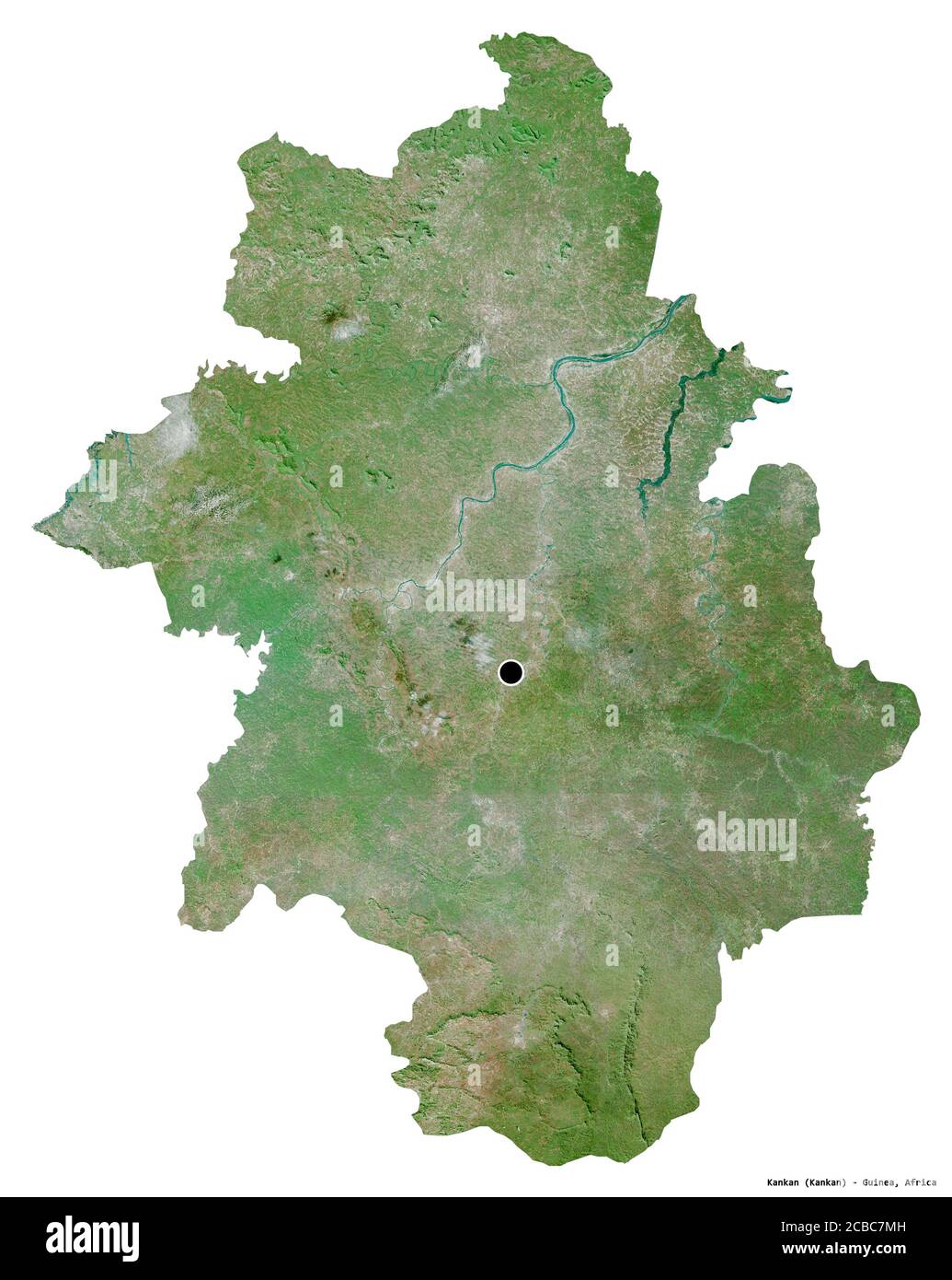 Shape of Kankan, region of Guinea, with its capital isolated on white ...