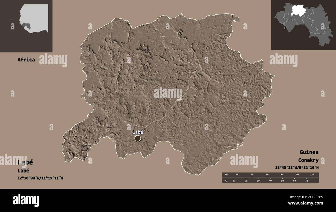 Shape of Labé, region of Guinea, and its capital. Distance scale ...