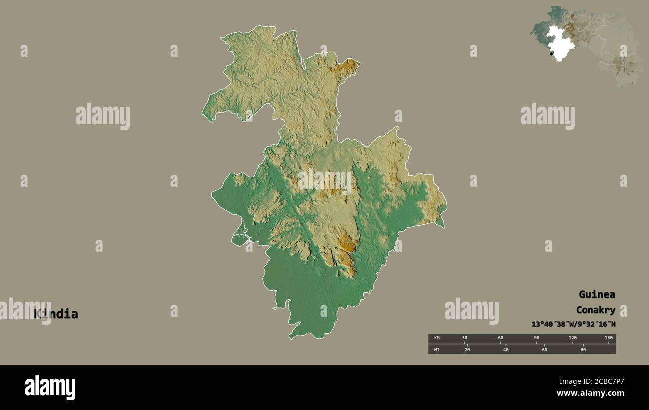Shape of Kindia, region of Guinea, with its capital isolated on solid ...