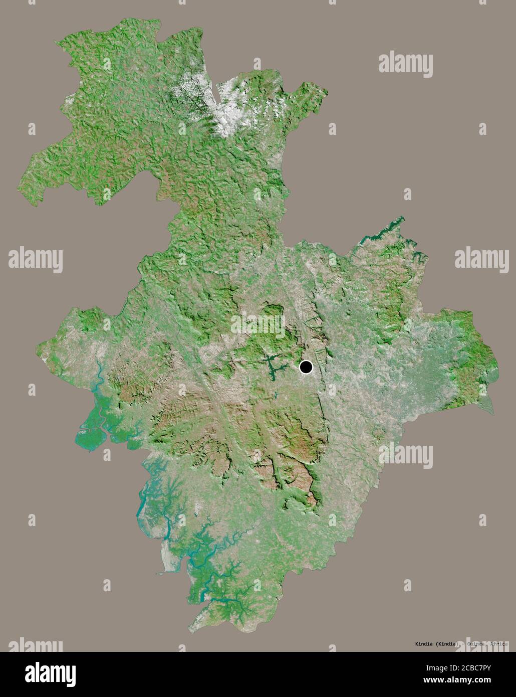 Shape of Kindia, region of Guinea, with its capital isolated on a solid ...