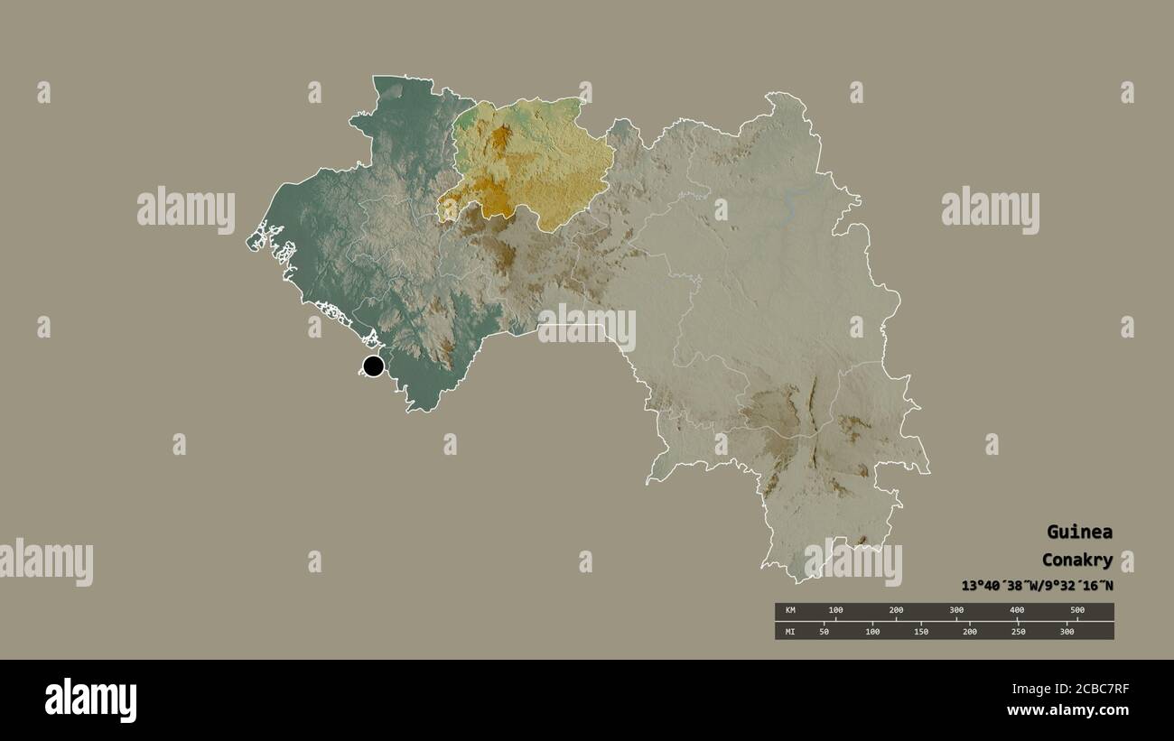 Desaturated shape of Guinea with its capital, main regional division ...