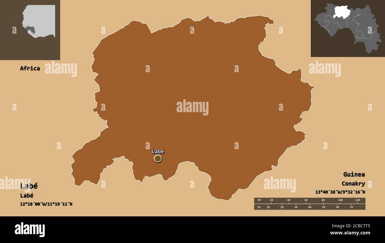 Shape of Labé, region of Guinea, and its capital. Distance scale ...