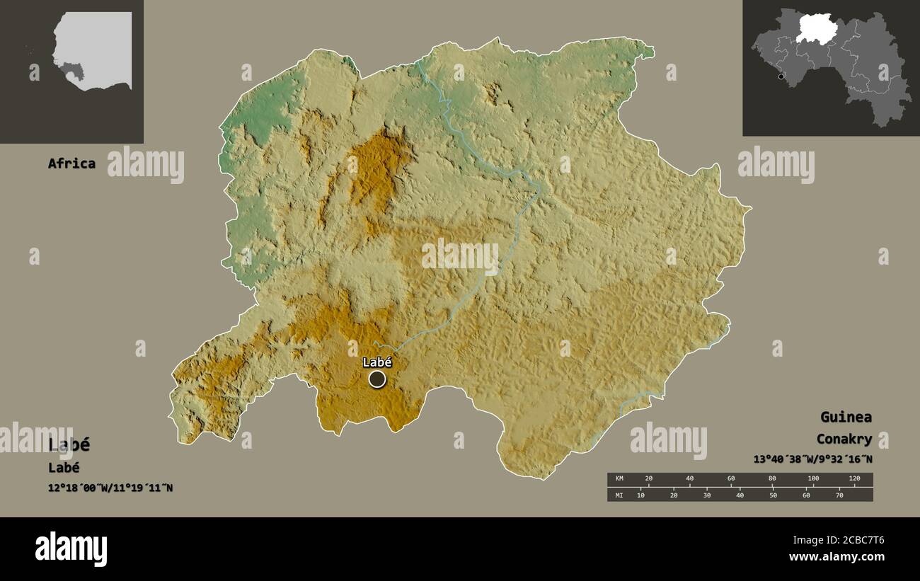 Shape of Labé, region of Guinea, and its capital. Distance scale ...