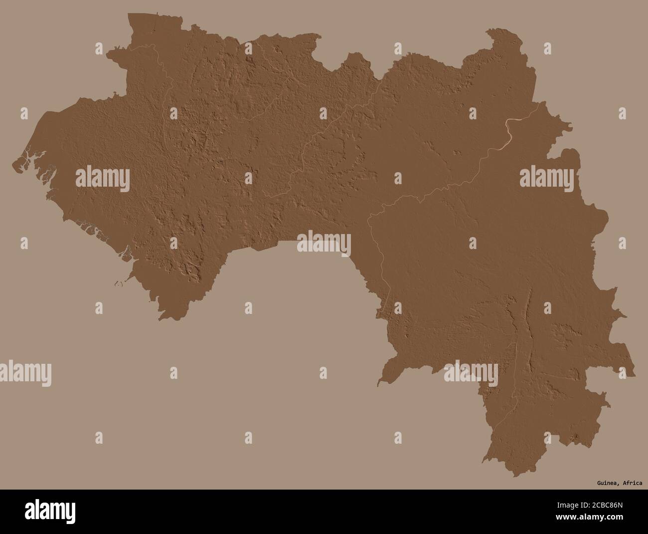 Shape of Guinea with its capital isolated on a solid color background ...