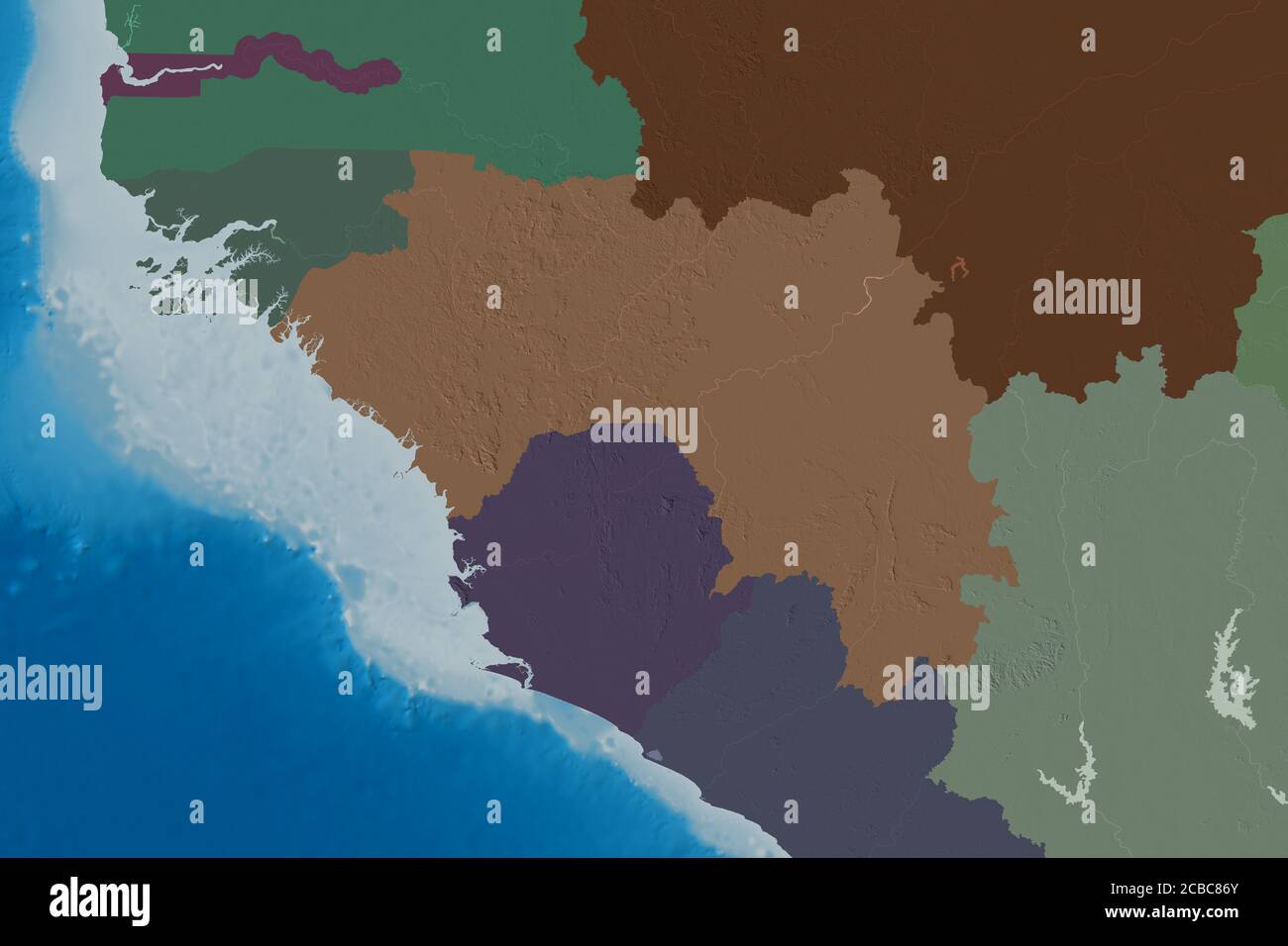 Extended area of Guinea. Colored elevation map. 3D rendering Stock ...