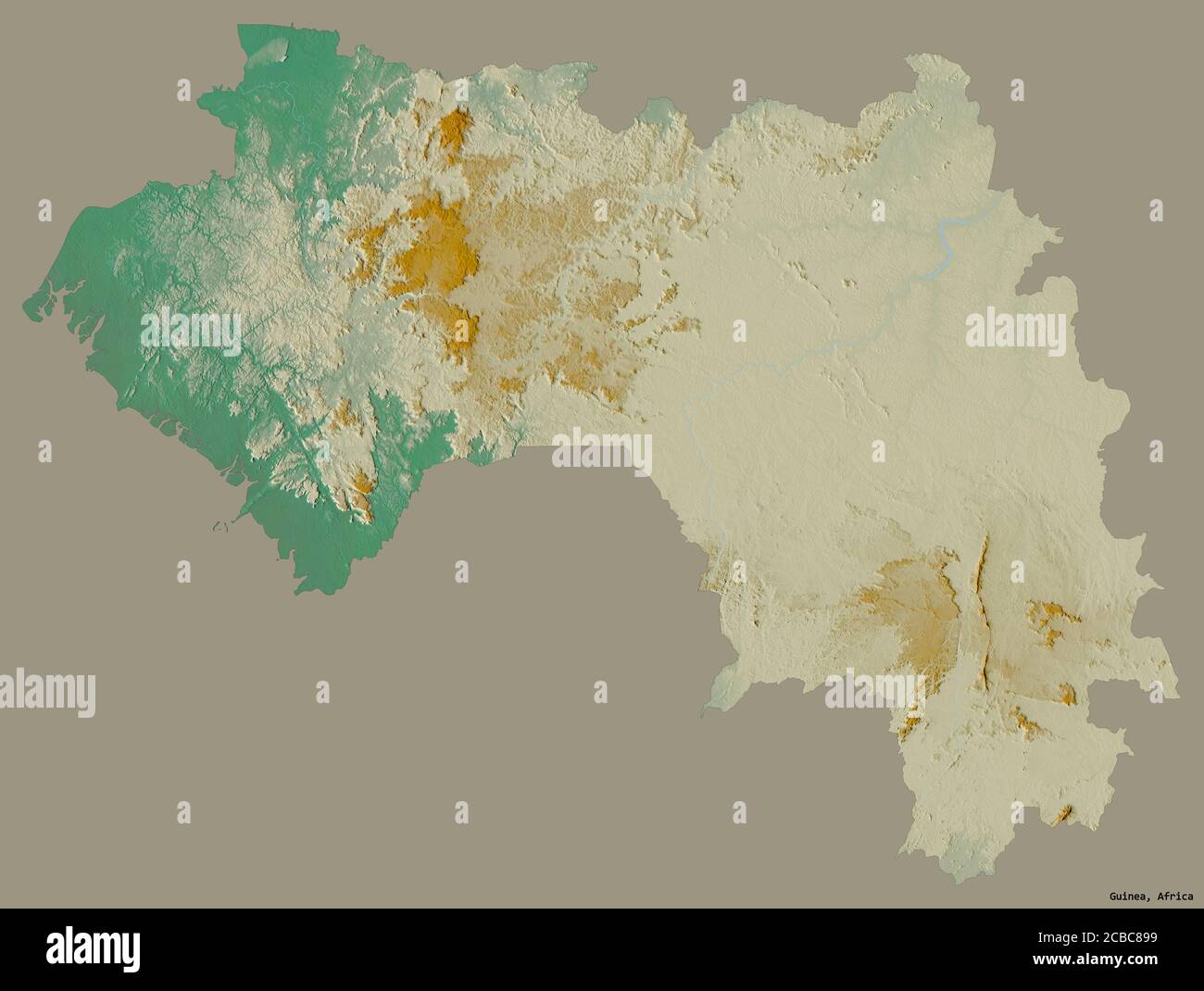 Shape of Guinea with its capital isolated on a solid color background ...