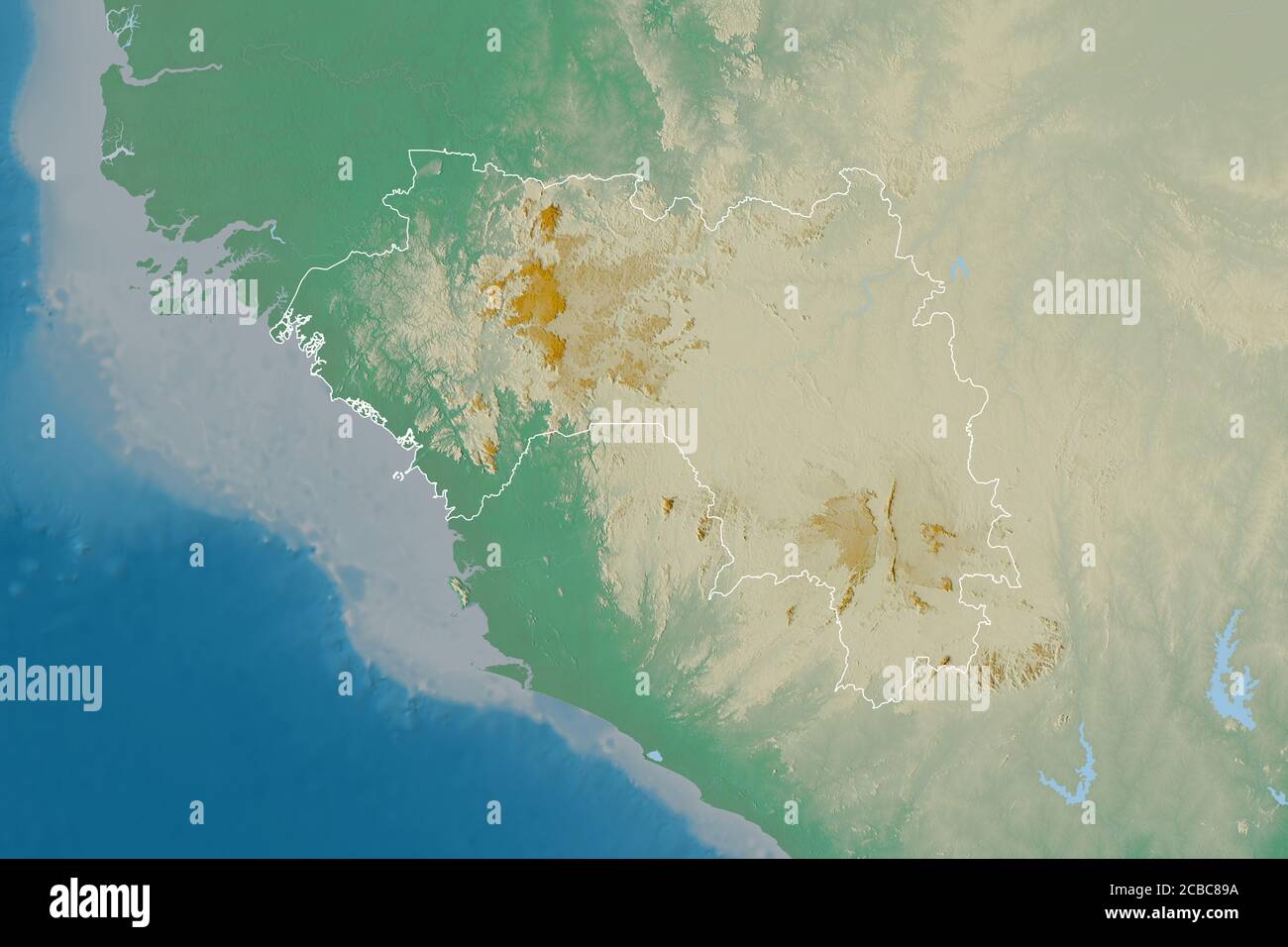 Extended area of outlined Guinea. Topographic relief map. 3D rendering ...