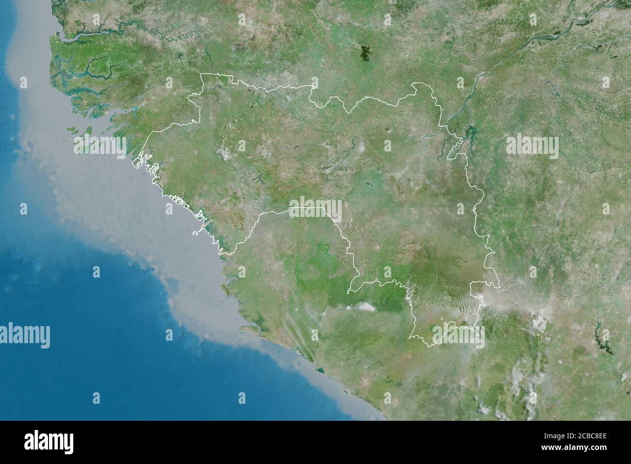 Extended area of outlined Guinea. Satellite imagery. 3D rendering Stock ...