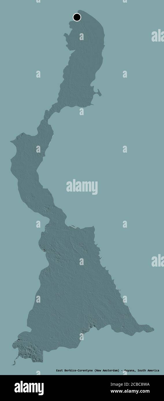 Shape of East Berbice-Corentyne, region of Guyana, with its capital isolated on a solid color ...