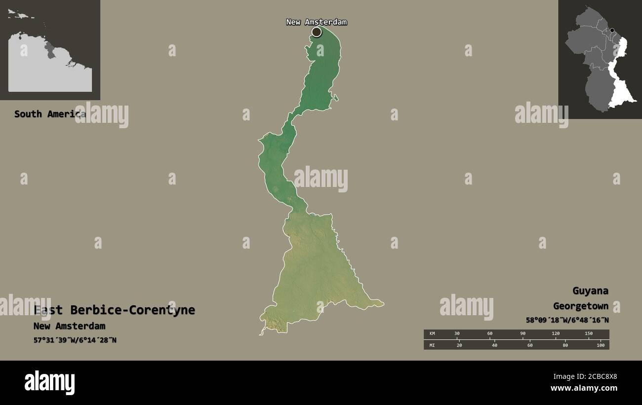 Shape of East Berbice-Corentyne, region of Guyana, and its capital ...