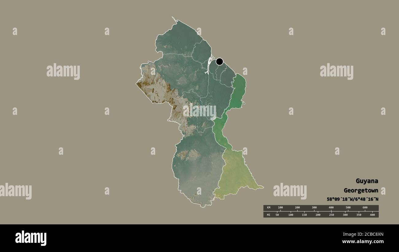 Desaturated shape of Guyana with its capital, main regional division ...
