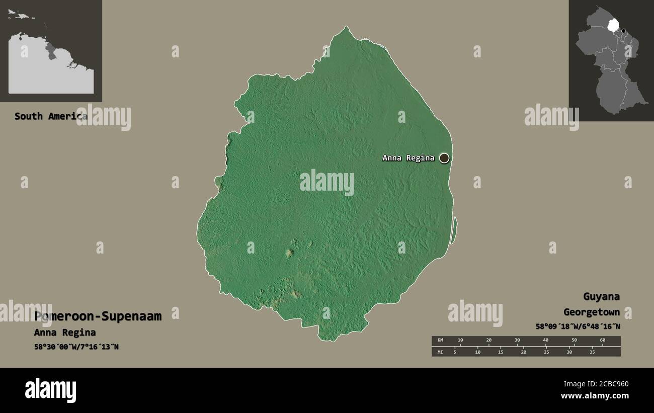 Shape of Pomeroon-Supenaam, region of Guyana, and its capital. Distance ...