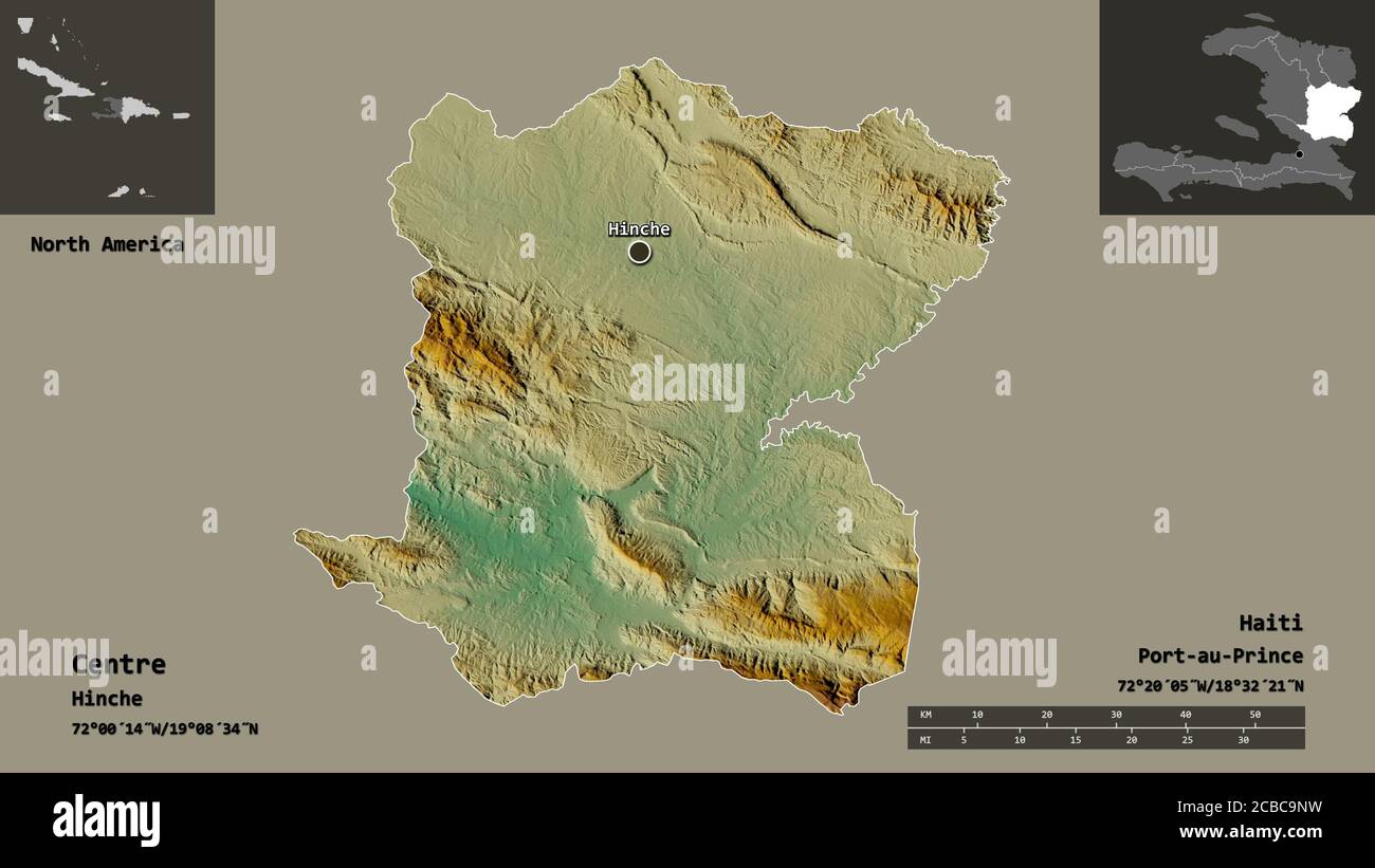 Shape of Centre, department of Haiti, and its capital. Distance scale ...