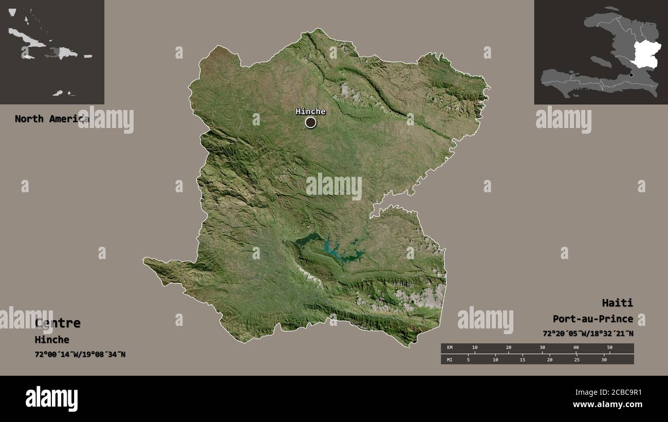 Shape of Centre, department of Haiti, and its capital. Distance scale ...
